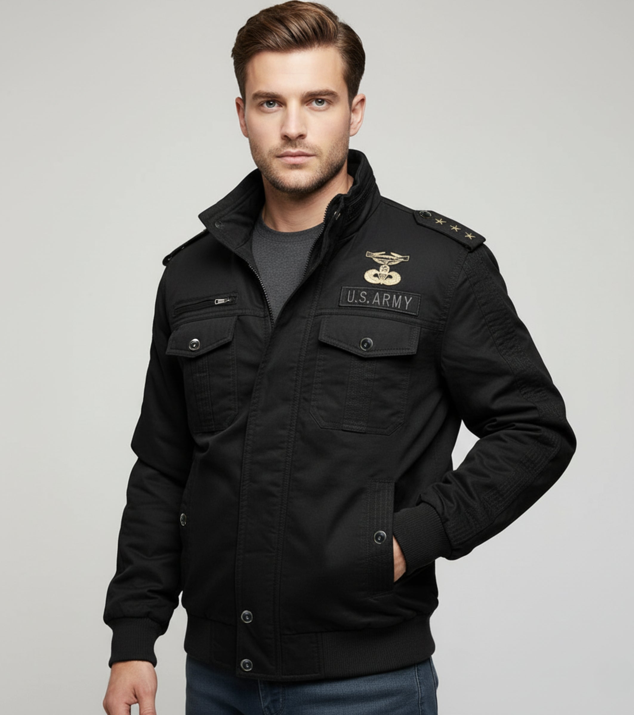 L'MONTE Men's Military-Style Black Cargo Jacket For Mild Winter ...